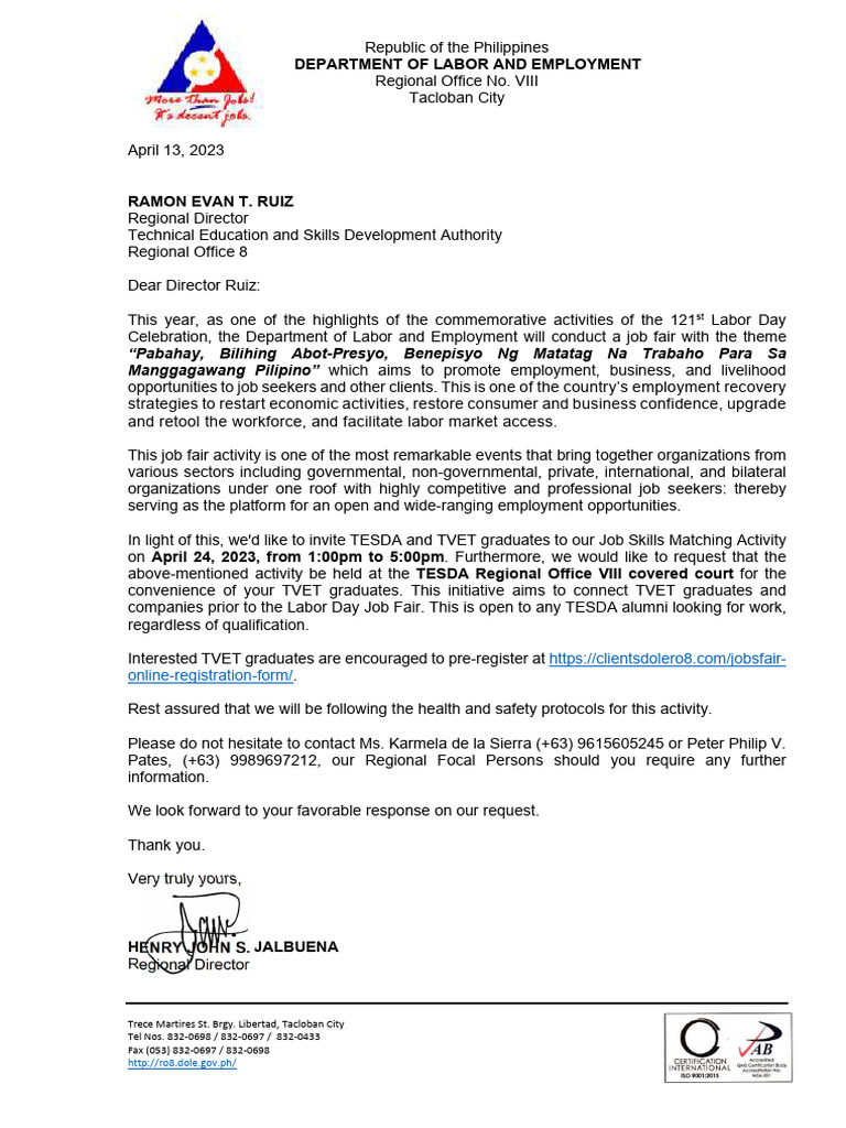 TESDA Letter of Request - Skills Matching | PDF | Employment | Business