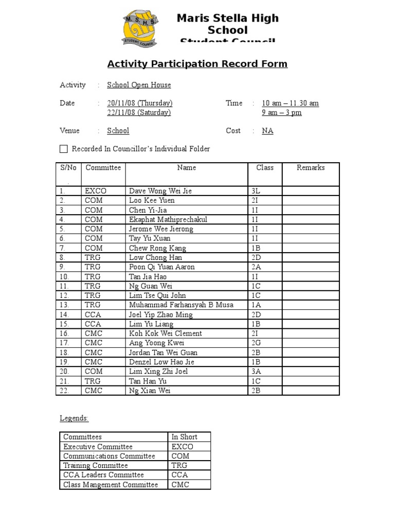 School Open House Participation Log | PDF