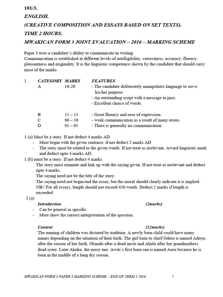 English Form 3 Paper 3 M Scheme Mod21042022001 | PDF
