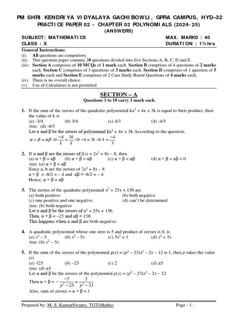 Class 10 Polynomials Practice Paper | PDF | Mathematical Analysis | Mathematics