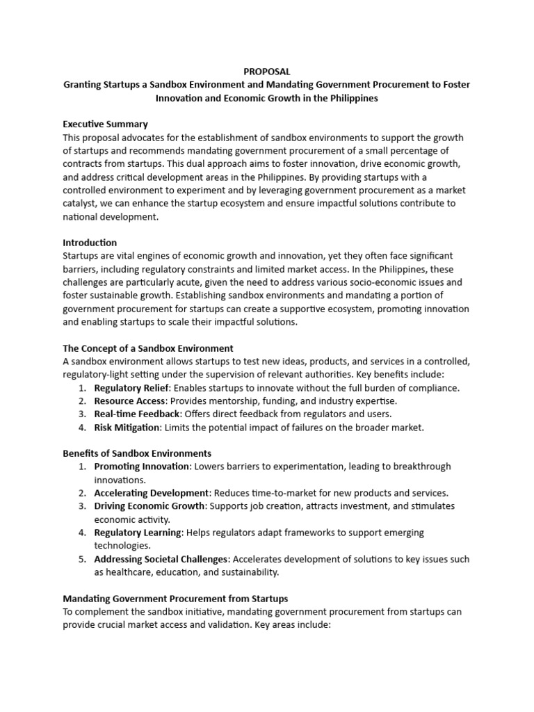 Proposal On Regulatory Sandbox For Startups in The Philippines | PDF ...