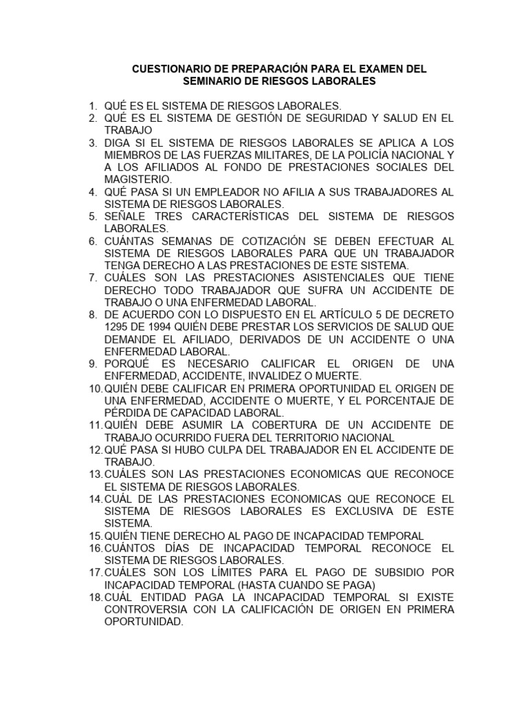 Preguntas Examen de Riesgos Laborales 2022 | PDF | Pensión