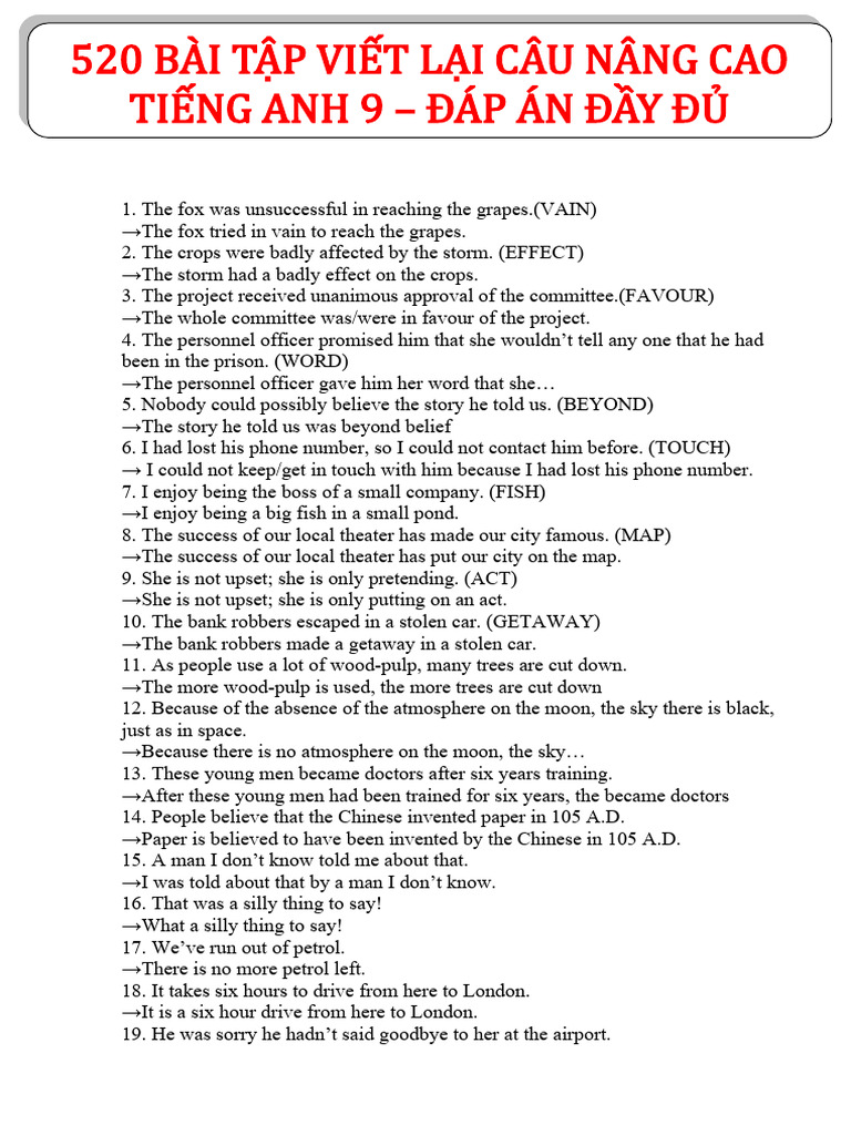 520 Bai Tap Viet Lai Cau Kho Tieng Anh 9 | PDF | Human Tooth