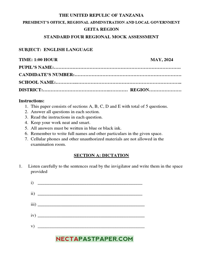 Geita Region Standard Four English Mock Exam | PDF | Linguistics