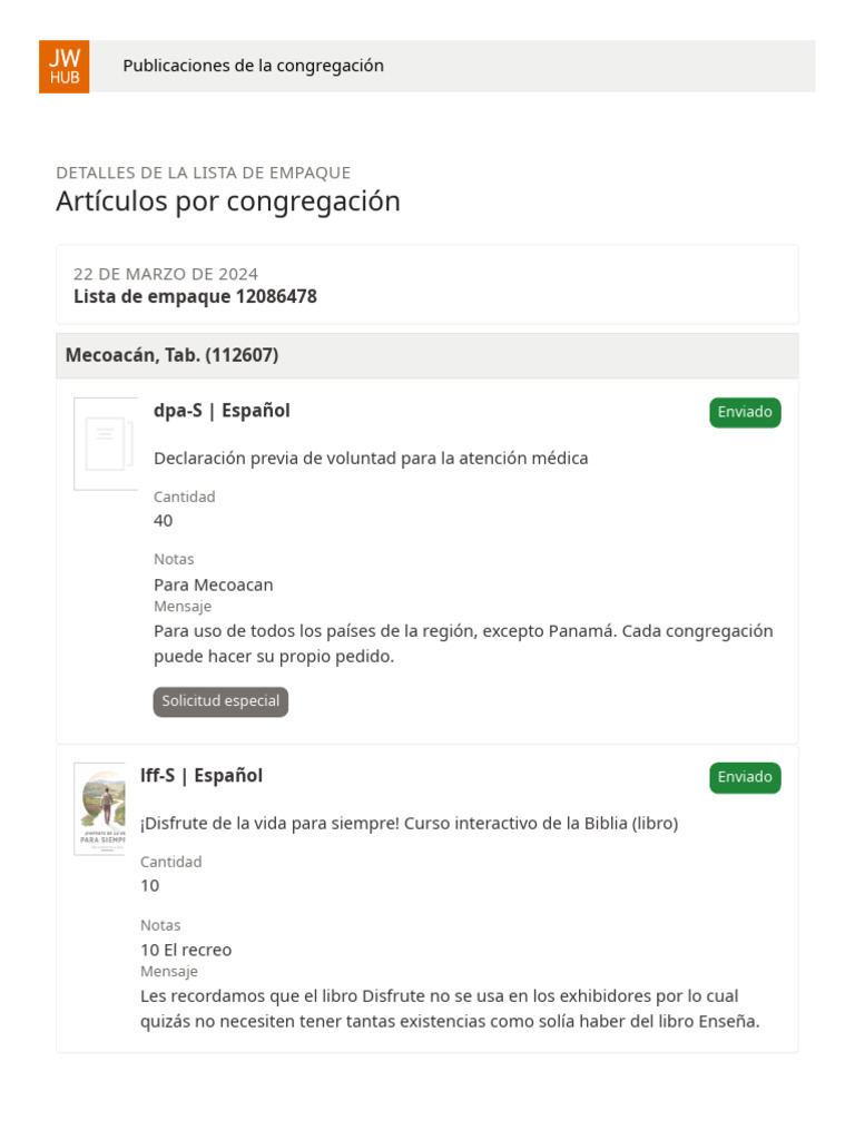 Historial de Envíos - Publicaciones de La Congregación Abril 2024 - JW ...