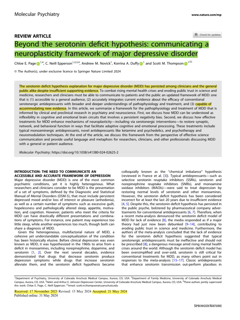Beyond the Serotonin Deﬁcit Hypothesis 2024 | PDF | Major Depressive Disorder | Neuron