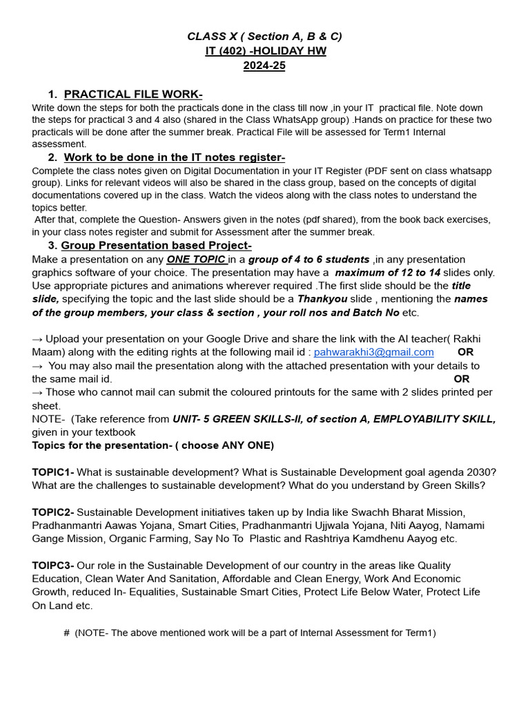 Class X IT Holiday Homework 2024-25 | PDF | Sustainability