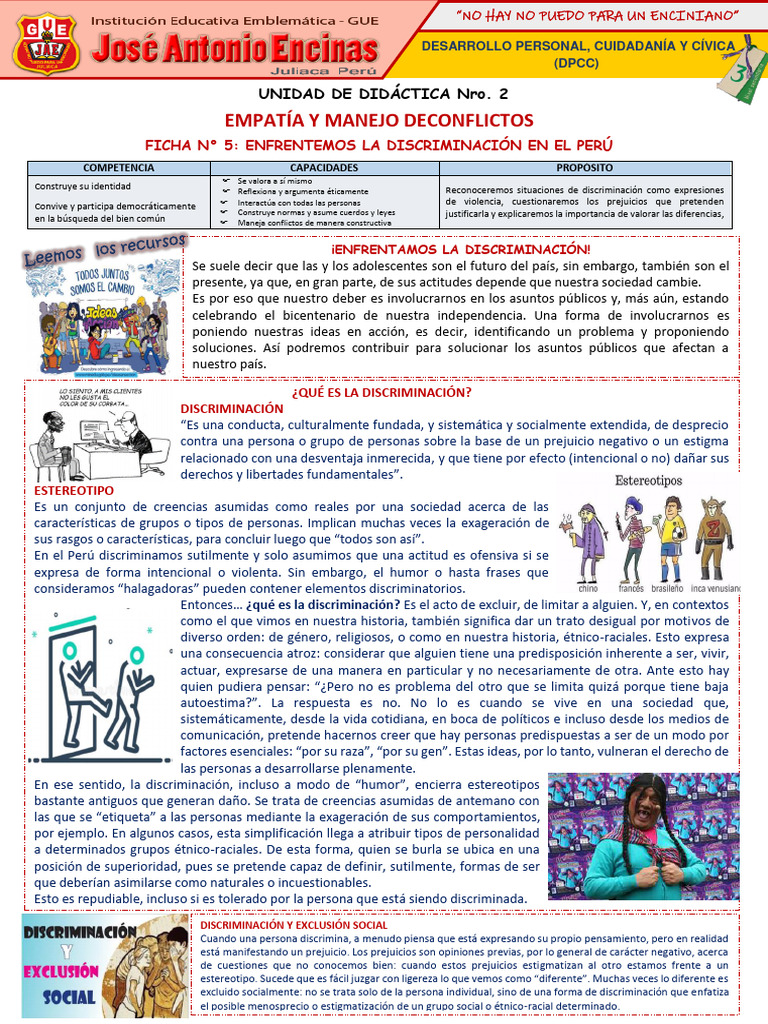 Ficha N 6 Enfrentemos La Discriminación en El Perú | PDF | Discriminación y relaciones raciales ...