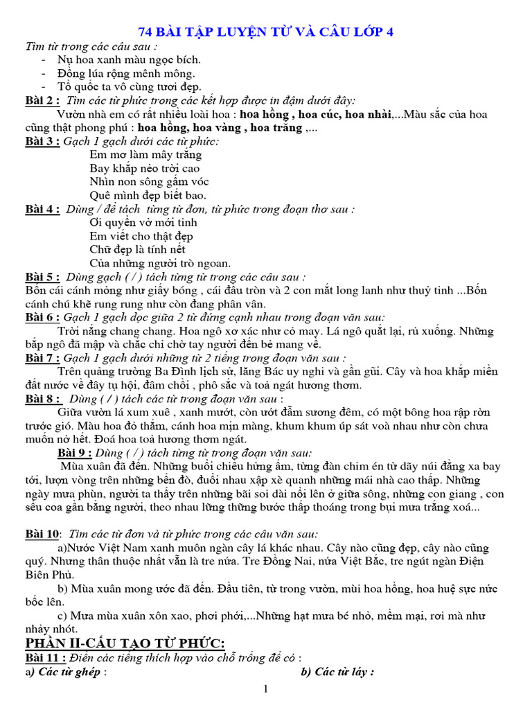74 BÀI TẬP LTVC LỚP 4 | PDF