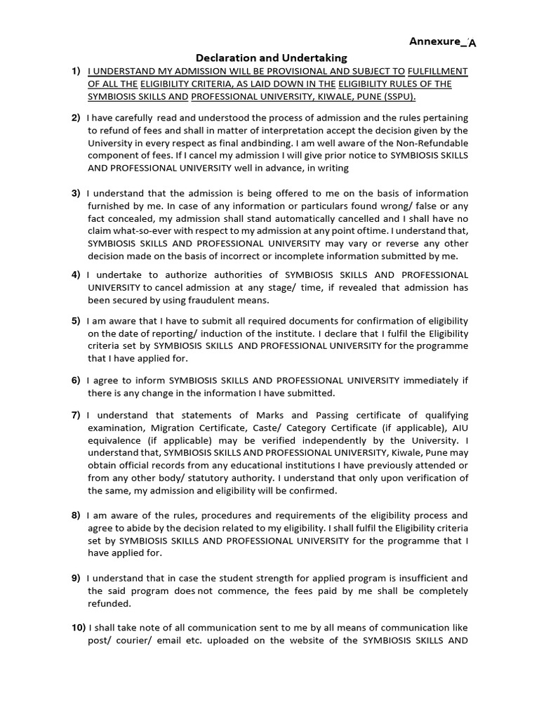 SSPU Admission Declaration & Undertaking | PDF | Affidavit | Informed Consent