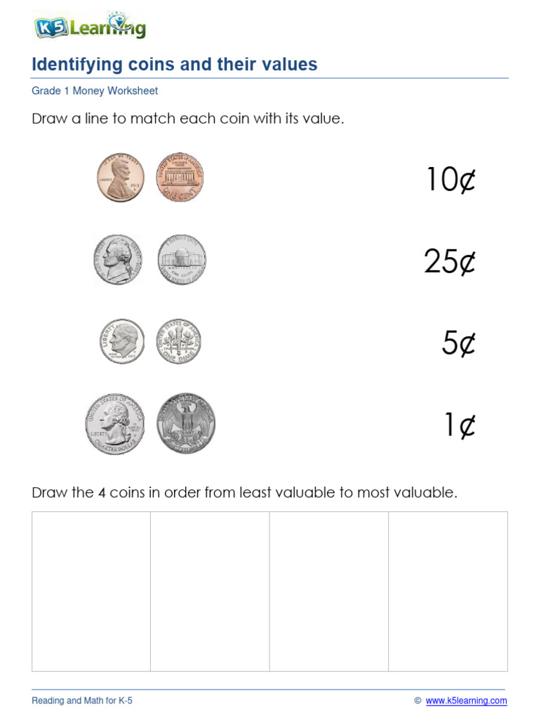 Grade 1 Coin Identification Worksheet | PDF