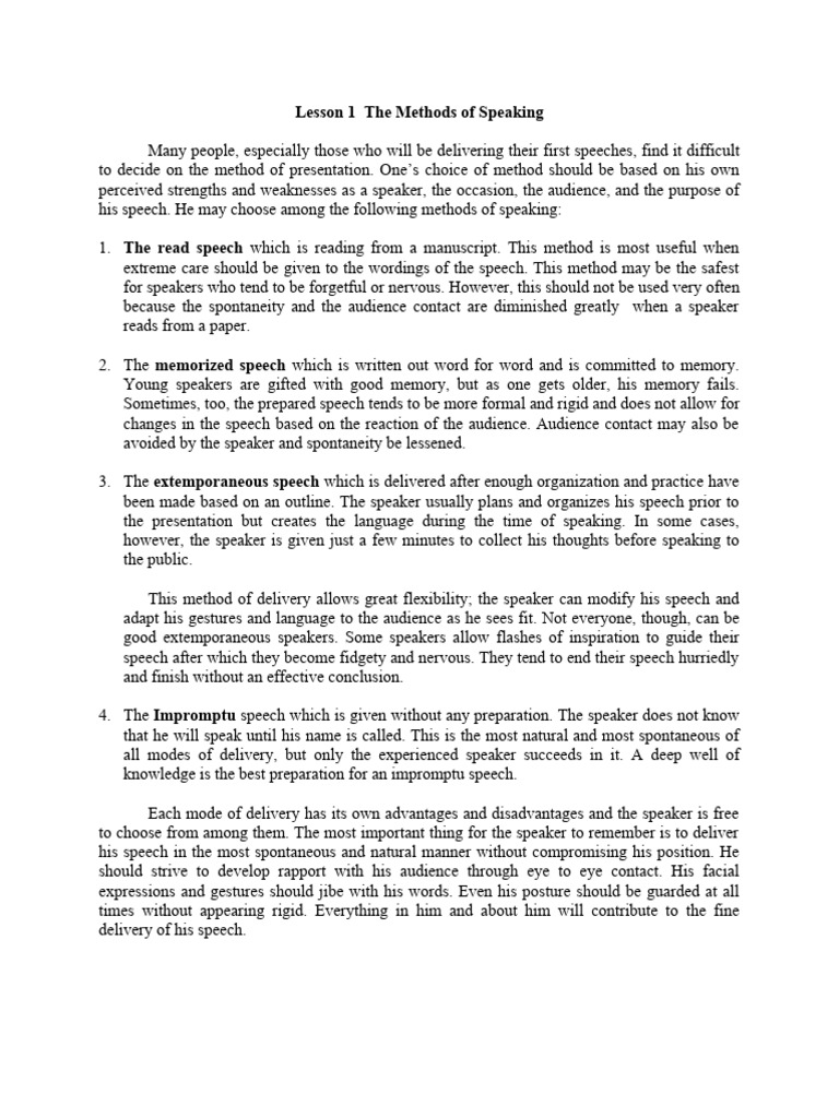 Lesson 1 The Methods of Speaking | Download Free PDF | Speech ...