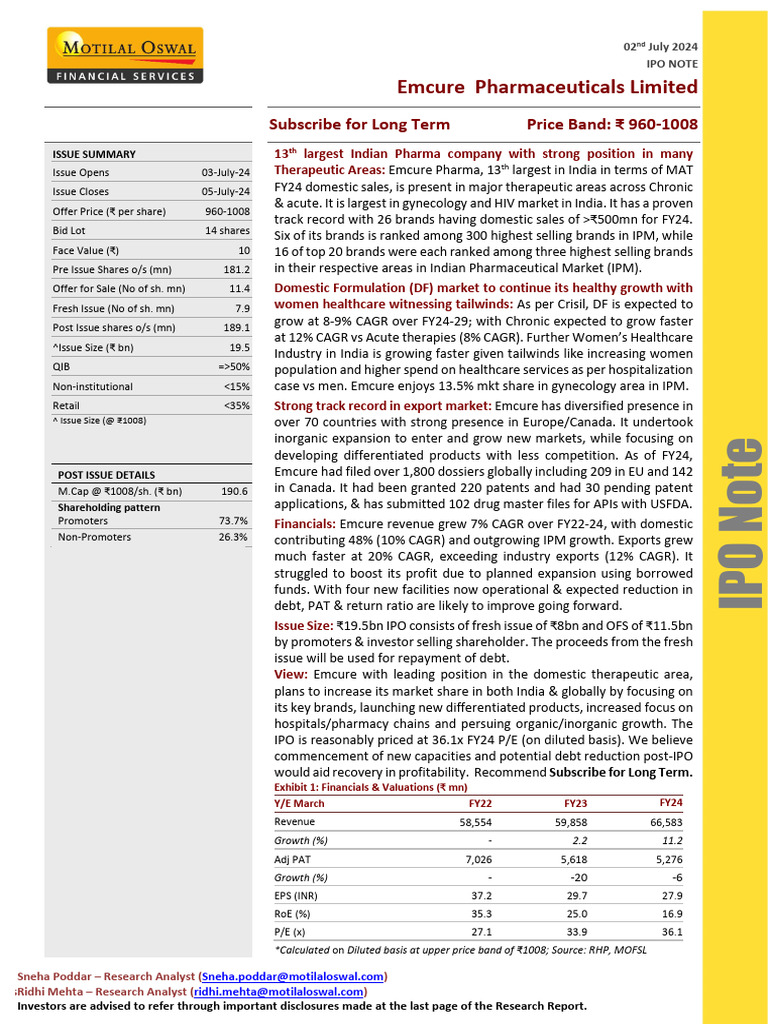 Emcure Pharmaceuticals IPO | PDF | Securities Exchange Act Of 1934 ...