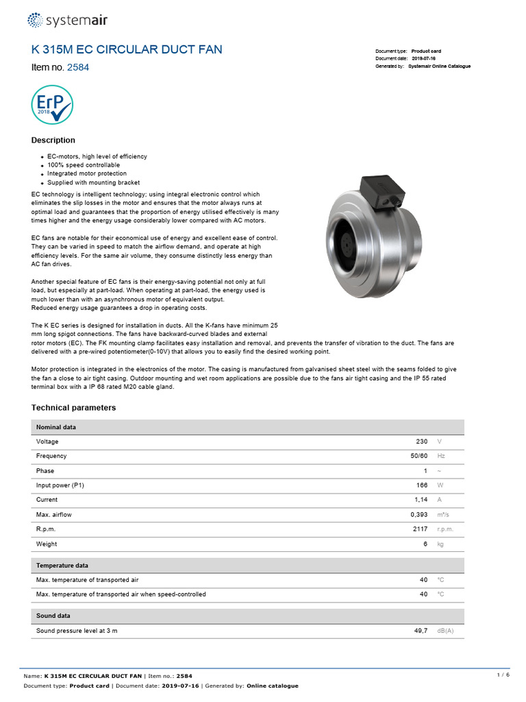 K 315M Ec Circular Duct Fan | PDF | Electric Motor | Duct (Flow)