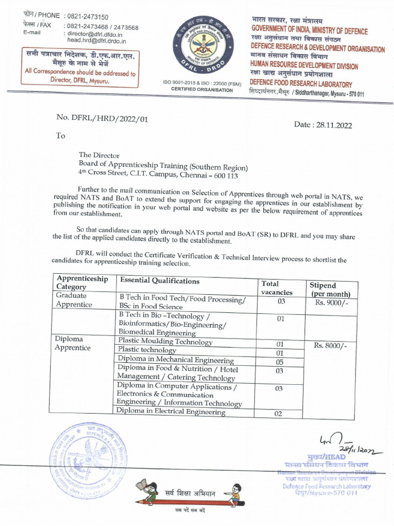 DRDO DFRL Graduate Diploma Apprentice Posts Notification 2 | PDF