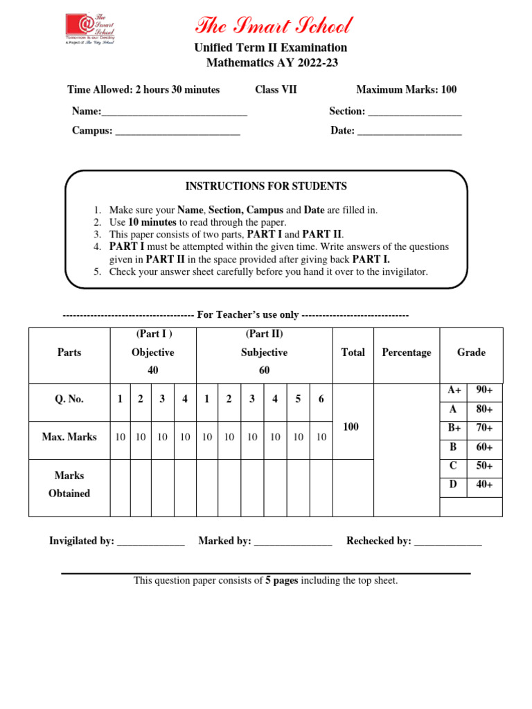 Mathematics Class VII TII Examination Paper AY 2022-23 | PDF | Area ...