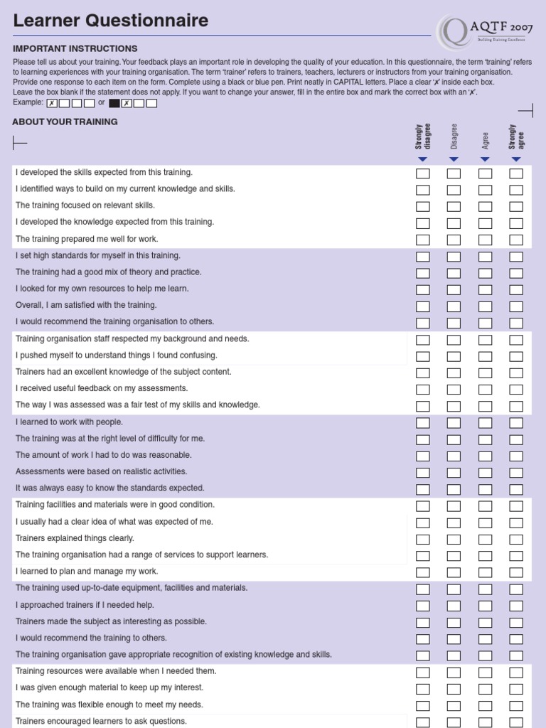 AQTF LearnerQuestionnaireLQ 005 | PDF | Diploma | Educational Assessment