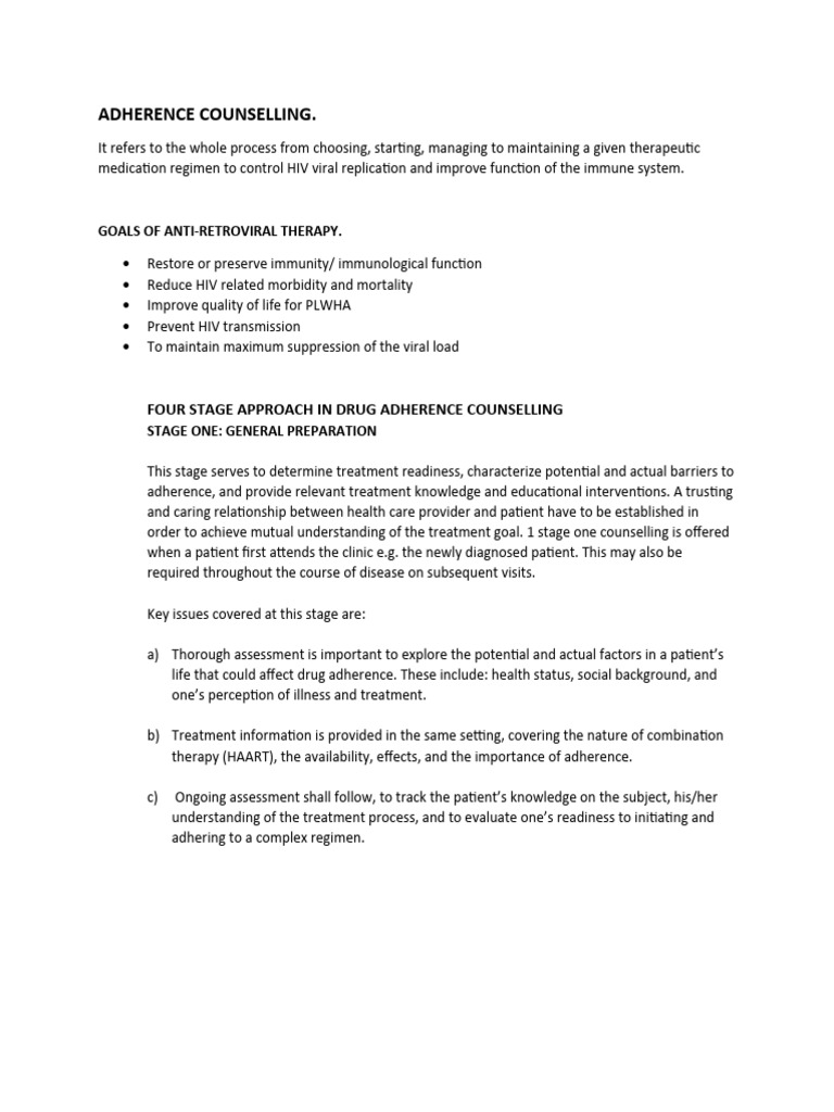 Adherence Counselling (Aaa) | PDF | Management Of Hiv/Aids | Therapy