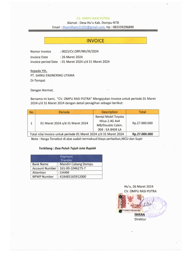 INVOICE CV. OMPU RASI PUTRA 1 Maret 2024 Sampai 31 Maret 2024 | PDF