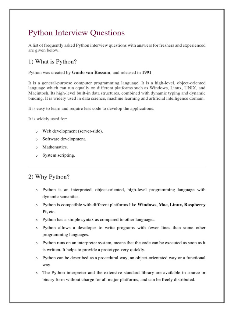 Python Interview Questions | PDF | Python (Programming Language ... Python Interview Questions | PDF | Python (Programming Language ...