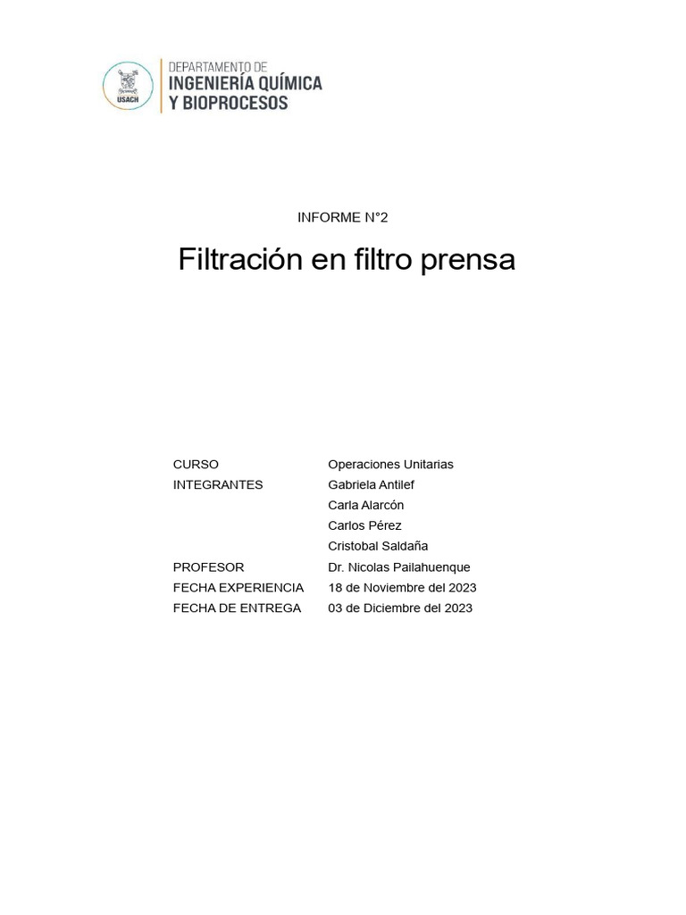 Lab 2 - Filtracion Discontinuo | Descargar gratis PDF | Filtración | Procesos industriales