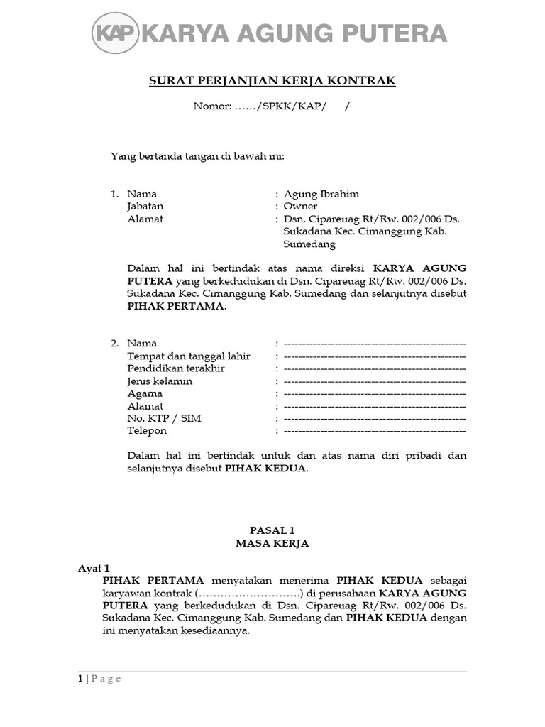 Surat Perjanjian Kerja Kontrak Sementara | PDF