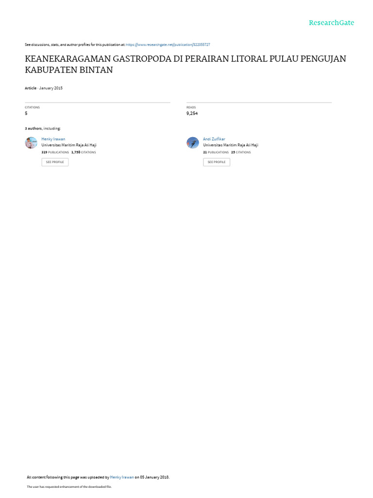 Keanekaragaman Gastropoda Di Perairan Litoral Pulau Pengujan Kabupaten Bintan | PDF