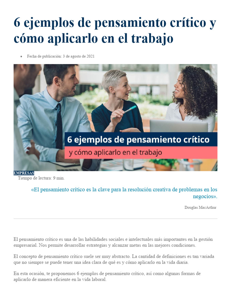6 Ejemplos de Pensamiento Crítico y Cómo Aplicarlo en El Trabajo | PDF ...
