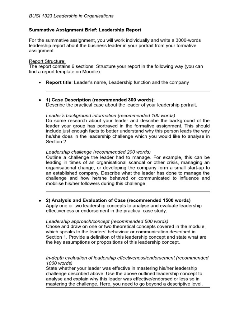 Leadership Report - Summative Assignment Brief | PDF | Leadership | Theory