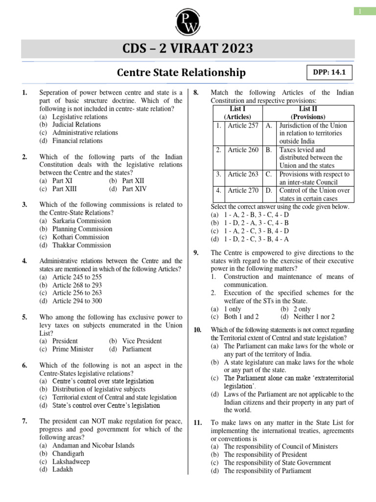 Center State Relationship - DPP 14.1 - (CDS - 2 Viraat 2023) | PDF | Governance | Justice