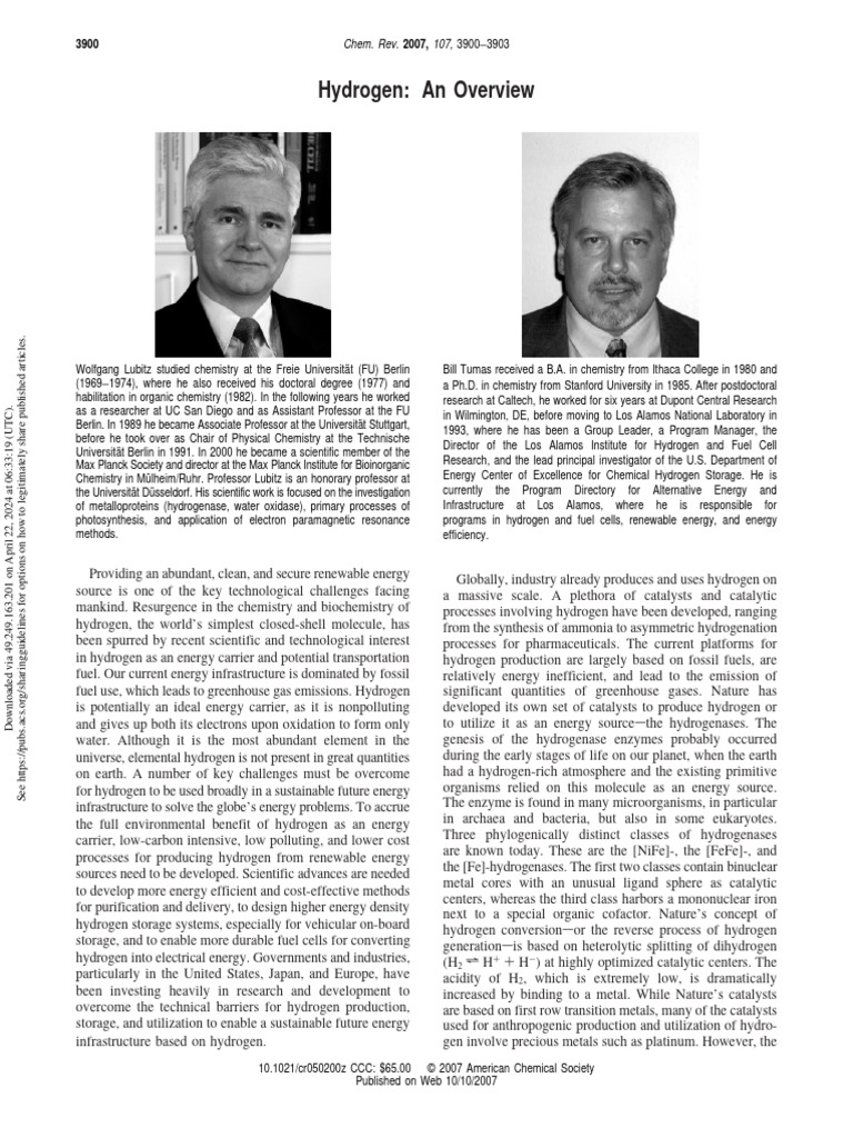 Lubitz Tumas 2007 Hydrogen An Overview | PDF | Hydrogen | Catalysis