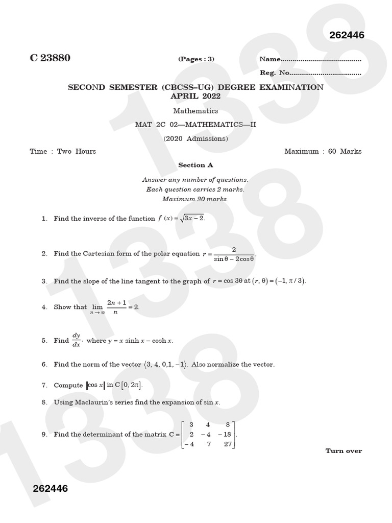 Mathematics II Exam Questions April 2022 | PDF | Matrix (Mathematics ...