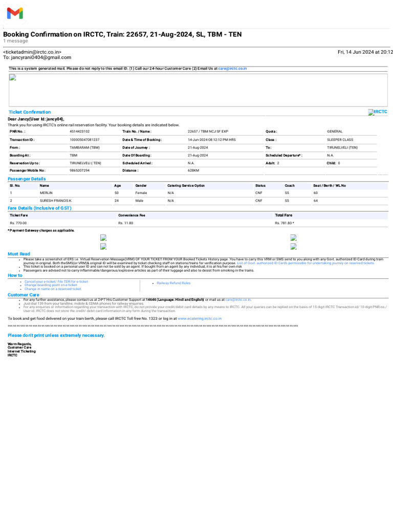 Gmail - Booking Confirmation On IRCTC, Train - 22657, 21-Aug-2024, SL ...