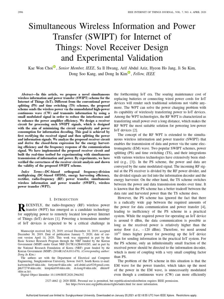 Simultaneous Wireless Information and Power Transfer SWIPT For Internet of Things Novel Receiver ...