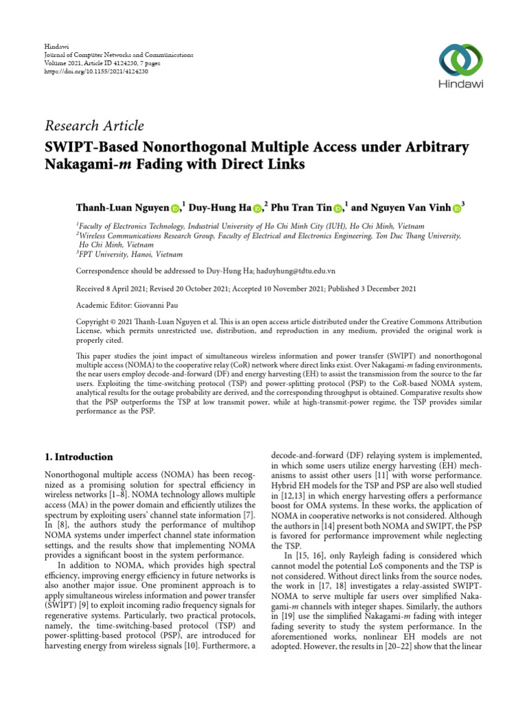SWIPT-Based Nonorthogonal Multiple Access Under Arbitrary | PDF | Channel Access Method ...
