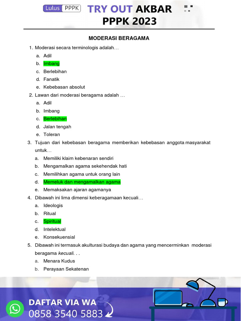 Soal & Kunci Jawaban Try Out Moderasi Beragama | PDF