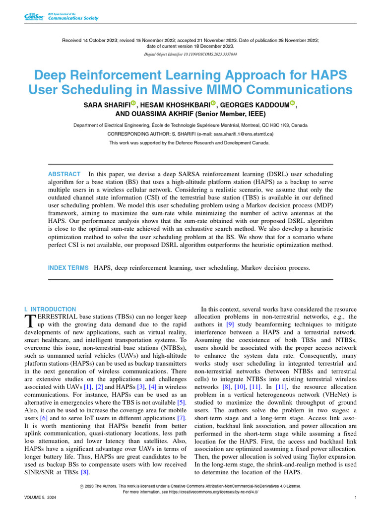 Deep Reinforcement Learning Approach For HAPS User Scheduling in Massive MIMO Communications ...