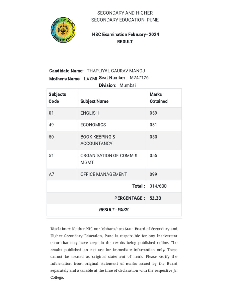 HSC Examination February - 2024 RESULT - MSBSHSE, PUNE | PDF