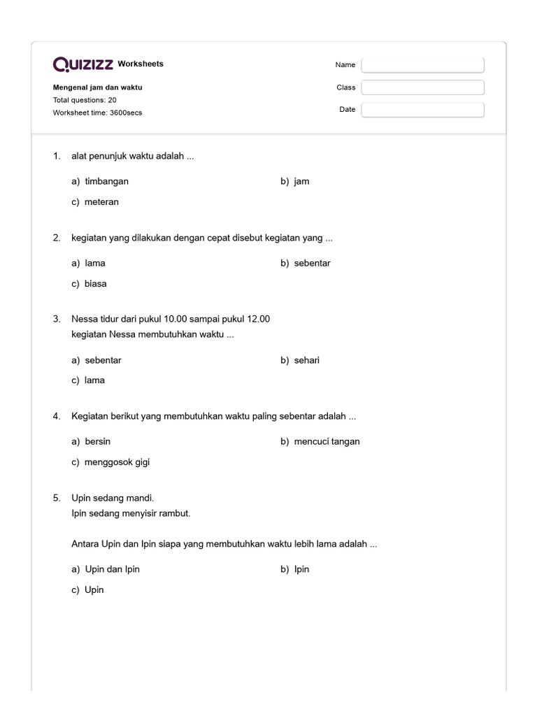 Quizizz Mengenal Jam Dan Waktu Pdf