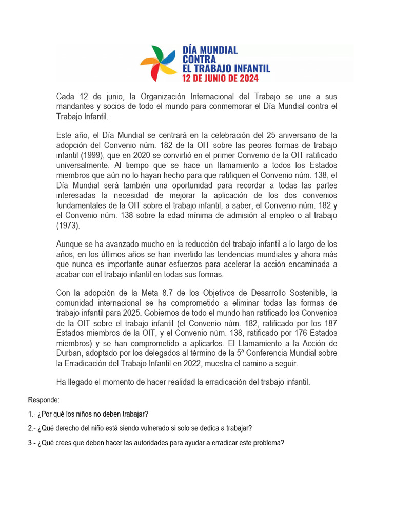 FECHA CÍVICA 12 de junio | PDF | Trabajo infantil | Organización ...