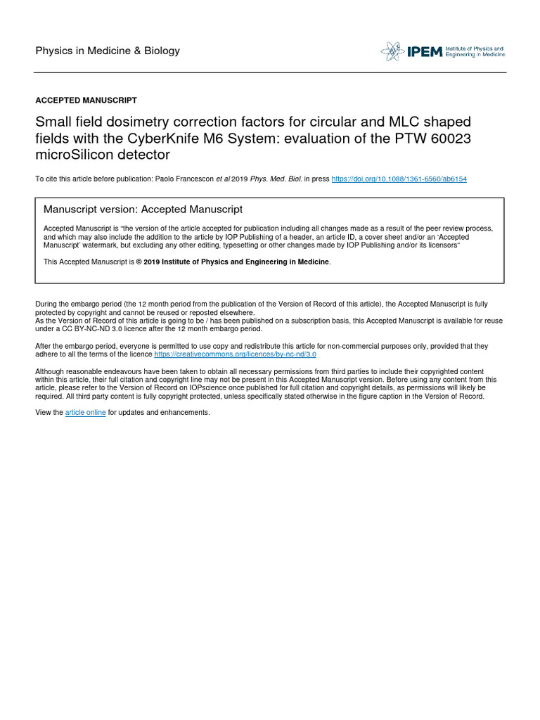 CyberKnife M6 Small Field Dosimetry Factors | PDF | Detector (Radio)