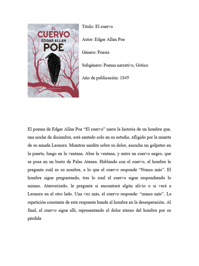 El Cuervo Edgar Allan Poe Hoja Resumen | PDF