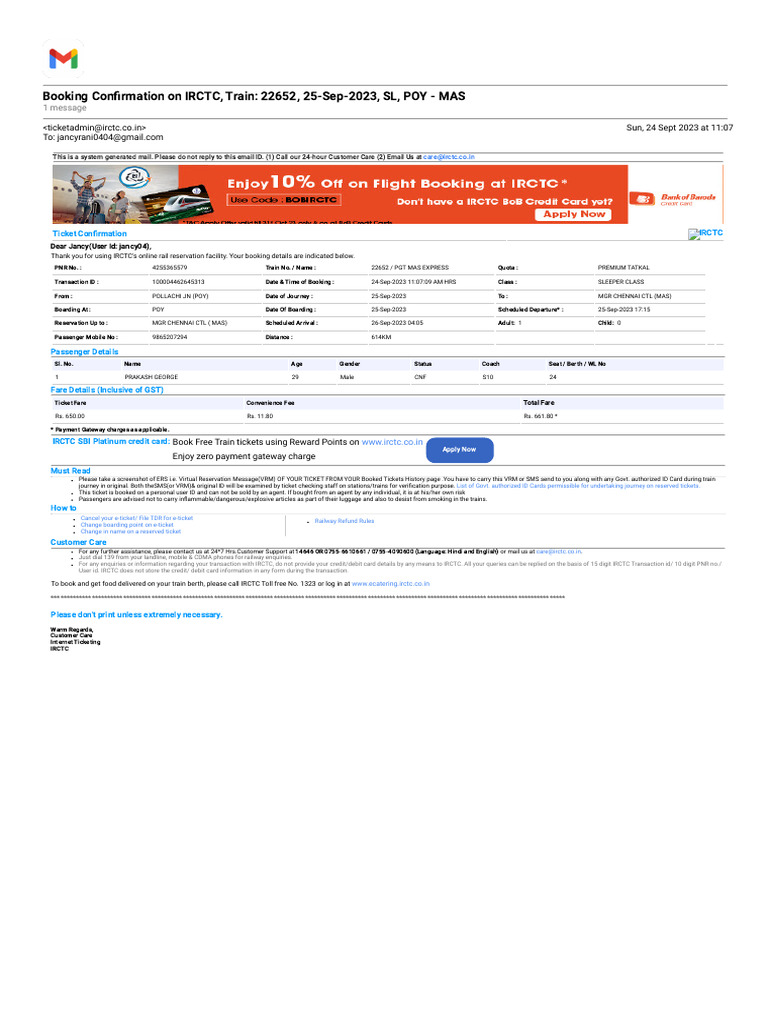 Gmail - Booking Confirmation on IRCTC, Train_ 22652, 25-Sep-2023, SL ...