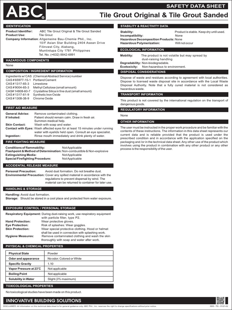 ABC Tile Grout Original & Tile Grout Sanded Safety Data Sheet 2021 ...