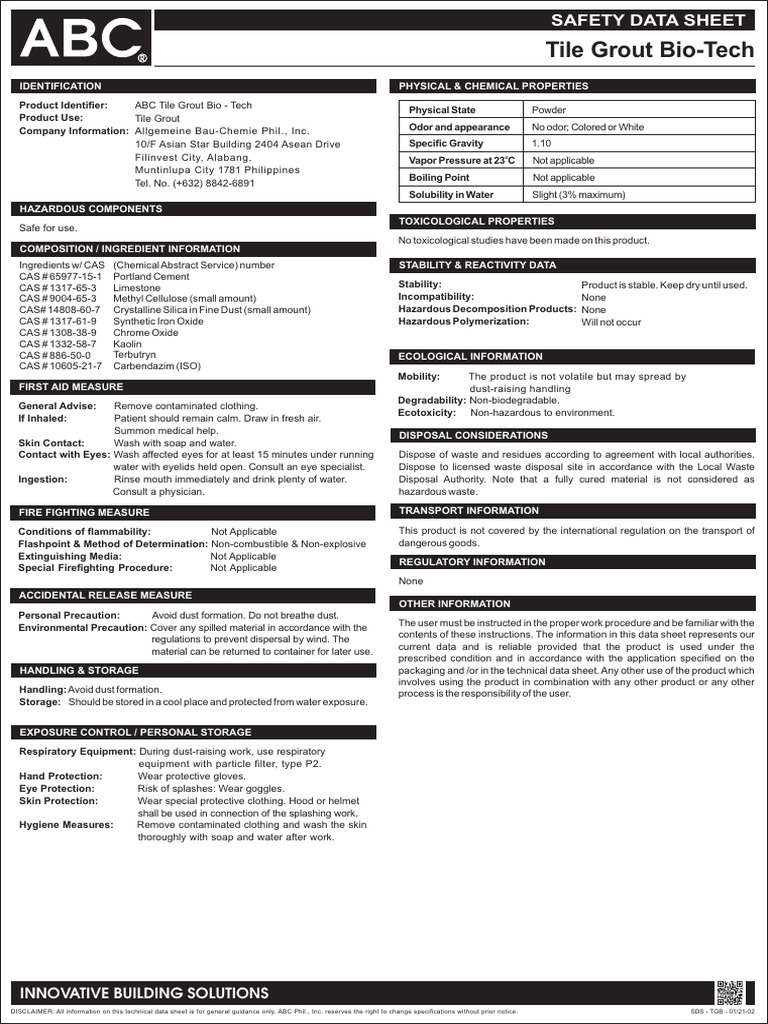 ABC Tile Grout Bio-Tech Safety Data Sheet 2021 | PDF | Waste | Materials