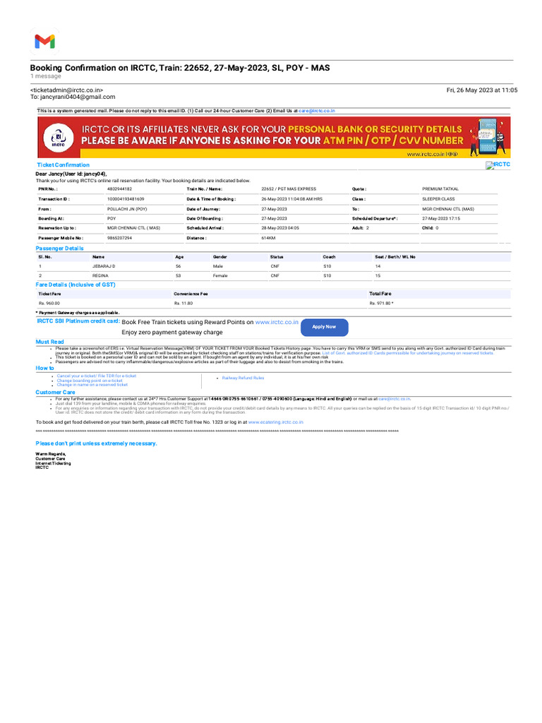 Gmail - Booking Confirmation On IRCTC, Train - 22652, 27-May-2023, SL ...