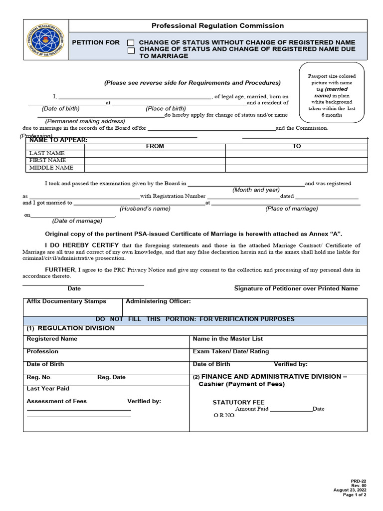 PRD-22 Change of Status With or Without Change in Registered Name Due To Marriage | PDF ...