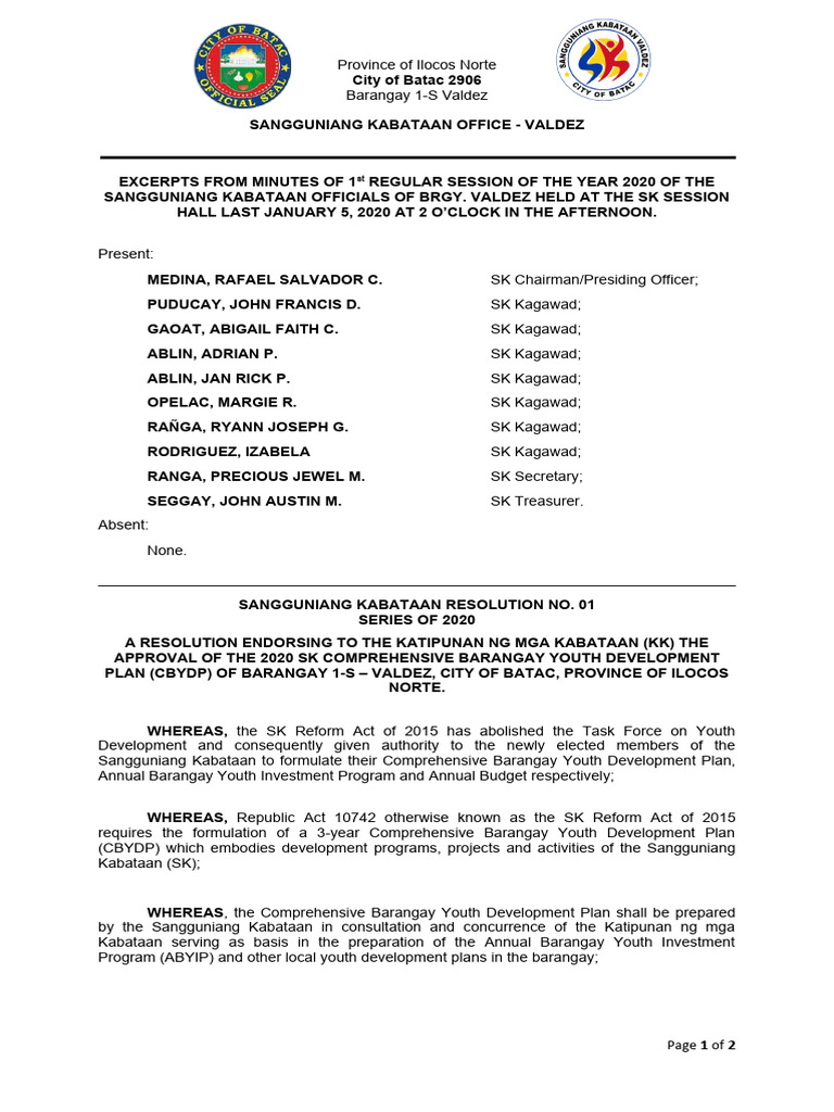 Approval of The 2019 SK Comprehensive Barangay Youth Development Plan ...