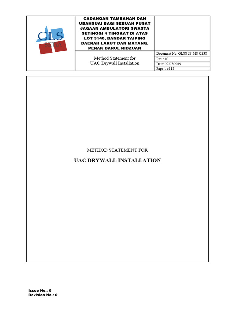 CS38 - Method Statement For UAC Drywall Installation | PDF | Wall ...