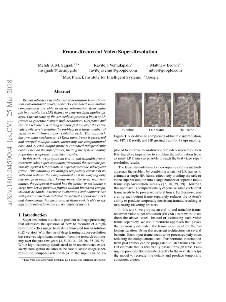 Frame-Recurrent Video Super-Resolution | PDF | Computer Graphics | Applied Mathematics